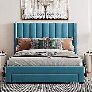 Prohon Queen Bed Frame with Wingback Headboard and A Big Storage Drawers on Endbed, Velvet Upholstered Platform Bed w/Wood Slats Support Mattress Foundation,No Box Spring Needed,Easy to Install,Blue