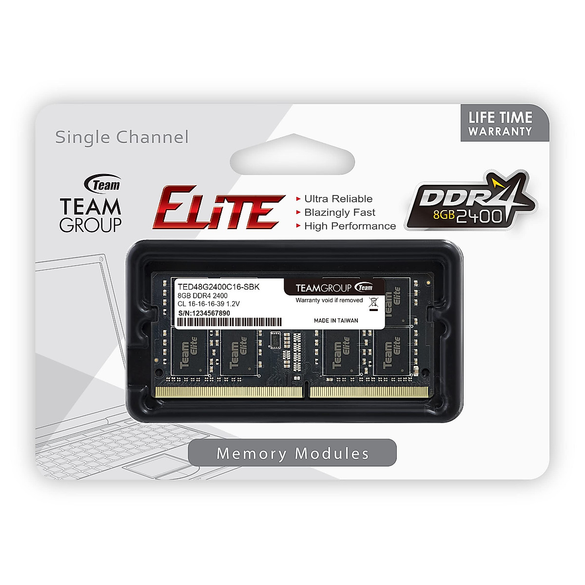 TEAMGROUP Elite 8GB Single DDR4 2400MHz PC4-19200 CL16 Unbuffered Non-ECC 1.2V SODIMM 260-Pin Laptop Notebook Computer Memory Ram - TED48G2400C16-S01
