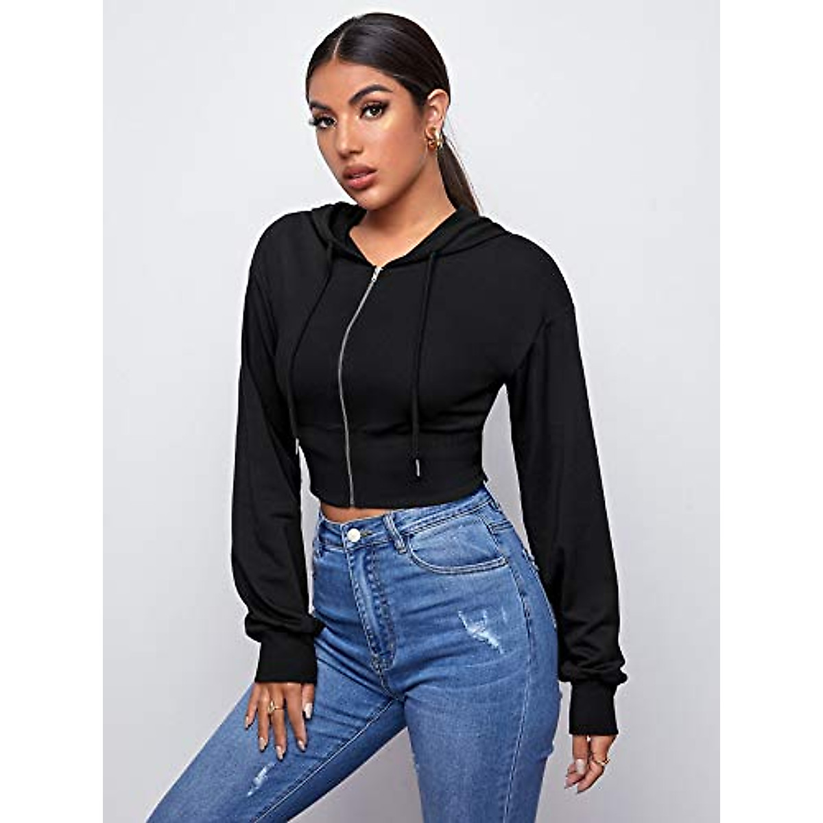 WDIRARA Women's Drop Shoulder Zip Up Drawstring Hoodie Black M