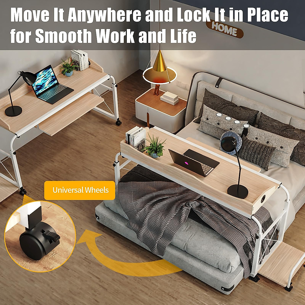 PaNeTnya Mobile Multifunctional Table Computer Desk,Height Adjustable Overbed Table with Wheels,Standing Workstation Laptop Cart,Rolling Bed Desk for Bedroom,Dining Room,Living Room