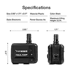 VIVOSUN 2-pack 210GPH Submersible Pump(800L/H, 8W), Ultra Quiet Water Pump with 3.3ft High Lift, Fountain Pump with 5ft Power Cord, 2 Nozzles for Fish Tank, Pond, Aquarium, Statuary, Hydroponics