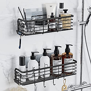 Tindbea Shower Caddy, Adhesive Shower Shelves with 6 Hooks, Bathroom Shower Organizer Racks No Drilling, Rustproof Stainless Steel Shower Storage Shelf for Inside Shower, 2 Pack, Matte Black