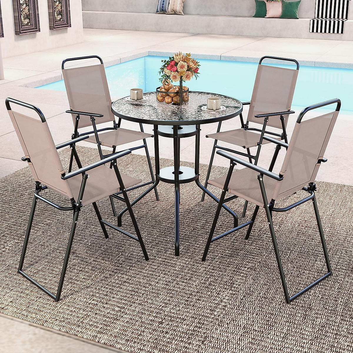 Tangkula Outdoor Folding Bar Stool Set of 4, Patio Dining Chairs w/Breathable Fabric & Metal Frame, Outdoor Bar-Height Stools w/Armrests, Portable Bar Chairs for Backyard Poolside Balcony
