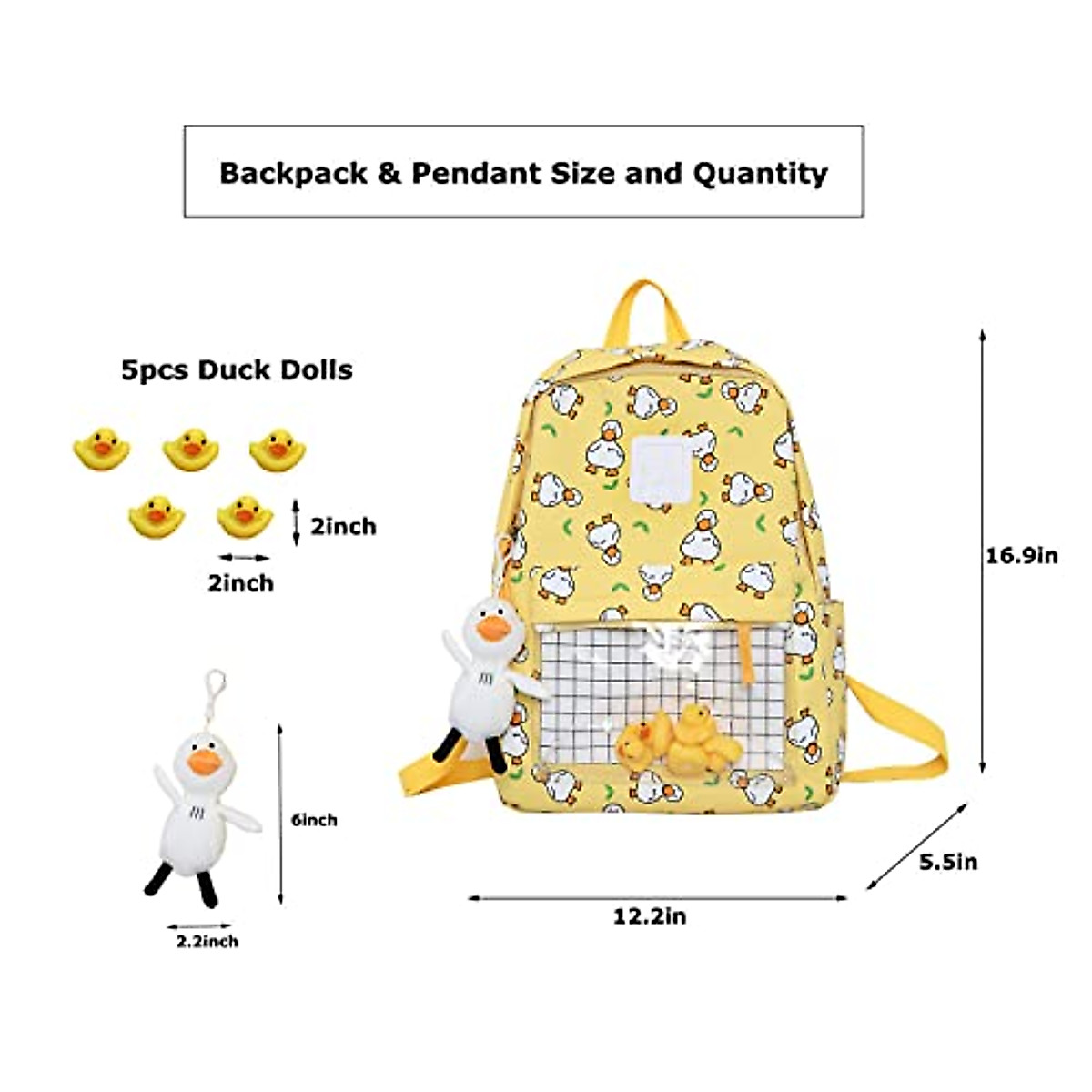 TEEQ Cute Duck Backpack with Doll Animals ,Kawaii Backpack for School,Fashion Bookbags for Teen girls.Yellow