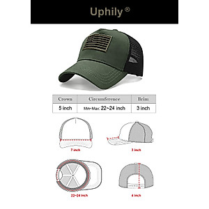 Uphily Army Green US American Flag Trucker Cap - Olive Mid Profile Curved Bill Patriotic Mesh Dad Hat for Men or Women
