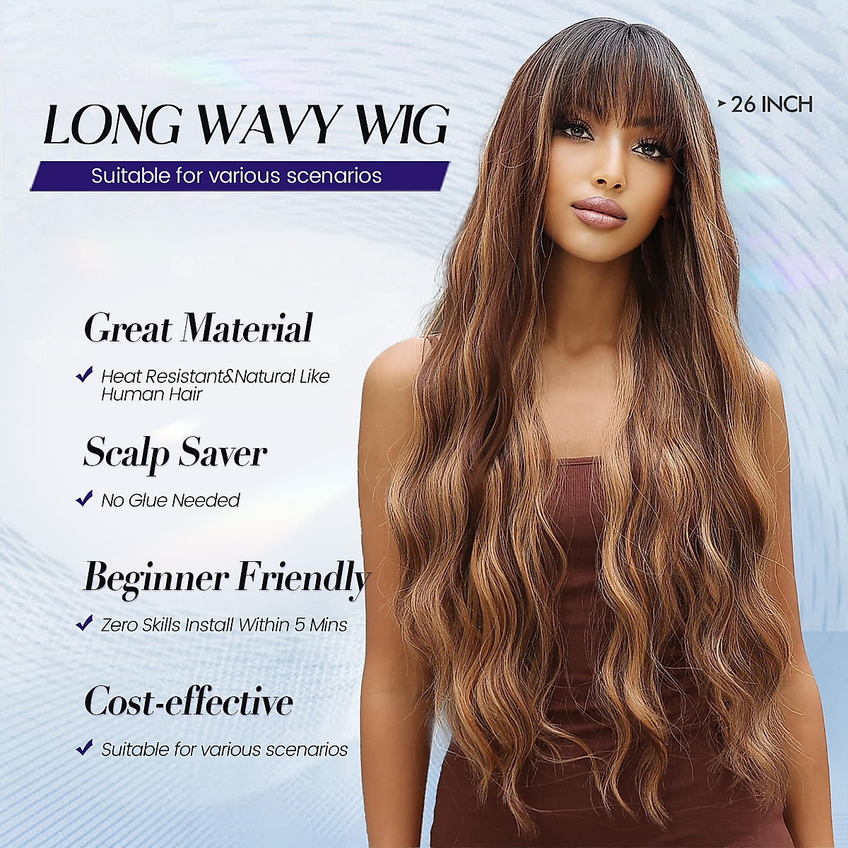 Allbell Long Wave Brown Highlight Wigs with Bangs for Women Synthetic Hair Dark Roots