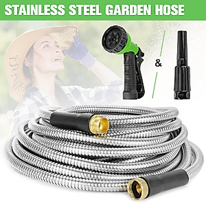 TVKB Metal Garden Hose 100ft Stainless Steel Water Hose Super Tough Flexible Water Pipe with 3/4 inch Brass Fittings and Sprayer Nozzle, Kink & Tangle Free, Rust Proof