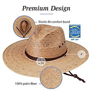 Wallaroo Hat Company Men’s Baja Fedora – Natural Wide Brim Straw Hat with Chin Strap and UPF 50+ Sun Protection – Sun-Smart Straw Hat for Gardening, Travel and Casual Outings (Medium/Large, Camel)