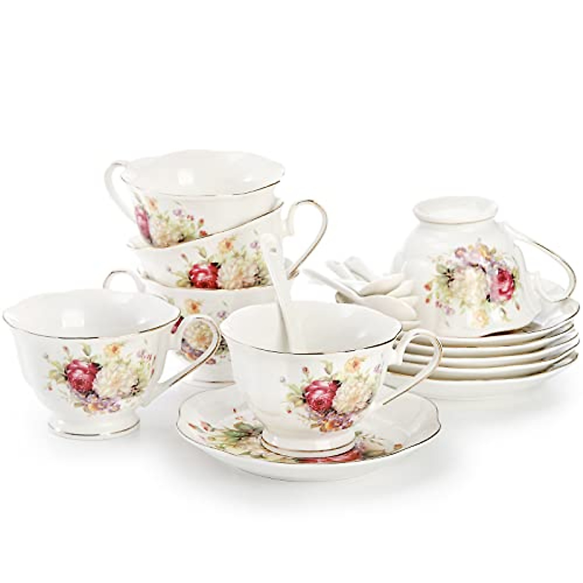 Foraineam Tea Cups and Saucers Set of 6, Floral Tea Cup Set with Gold Trim, 6 oz Porcelain Ivory Coffee Cups with Saucers and Spoons, Latte Cups and Espresso Mug for Coffee Drinks and Tea