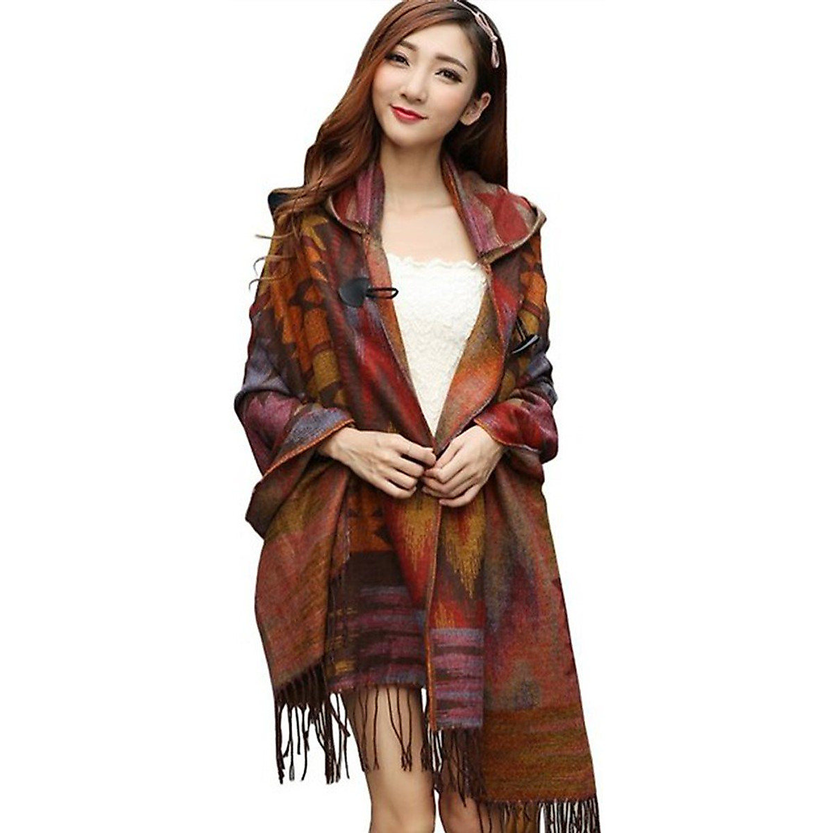 YEESAM Hoodie Poncho Bohemian Blanket, Hooded Shawl Cape Cloak Scarf Tassel