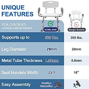 HOMLAND Shower Chair for Inside Shower with Arms and Back, FSA/HSA Eligible 500 lbs Heavy Duty Shower Seat for Bathtub, Height Adjustable Safety Bath Seat for Elderly, Adults, Handicap and Disabled