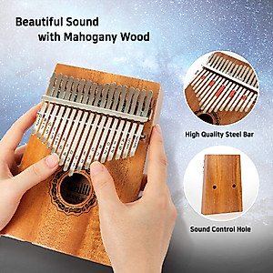 Tehillim Kalimba 17 Keys Thumb Piano with Hard Case, Study Instruction and Tunning Hammer, Portable Mibra Sanza African Wood Finger Piano, Gift for Kids Adult Beginners Professional (Mahogany wood)