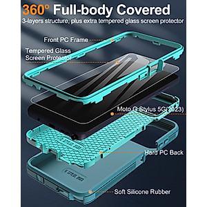 Aliruke for Motorola Moto G Stylus 5G(2023) Phone Case, with Screen Protector, Dust-Proof Port Cover, Full-Body Non-Slip Silicone Rubber Covered, Military Grade Drop-Proof Shockproof, Mint/Teal