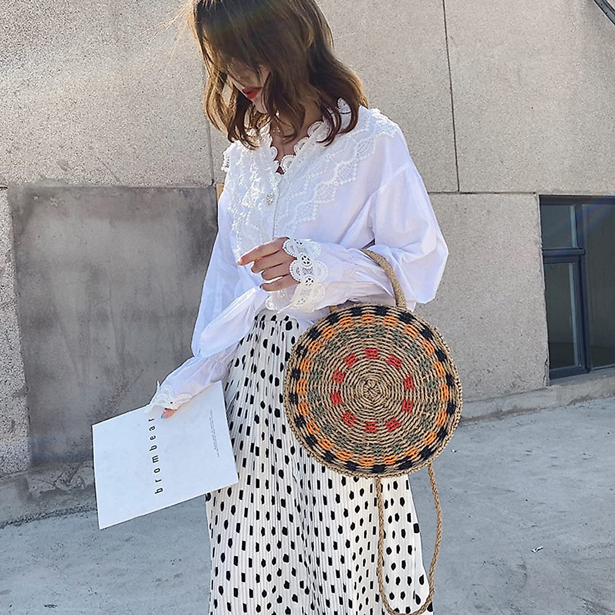 QTKJ Hand-woven Boho Women Straw Summer Beach Bag, Colorful Round Rattan Bag Cross Body Bag Shoulder Messenger Satchel (Khaki)