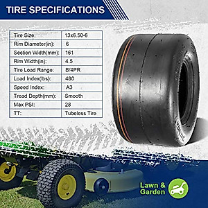 MaxAuto 13X6.50-6 Tires, 13X6.50X6 Lawn Mower Tires, 13-6.50-6 Smooth Turf Tires, 13X6.5-6 Tractor Tire, 4PR Tubeless, Set of 2