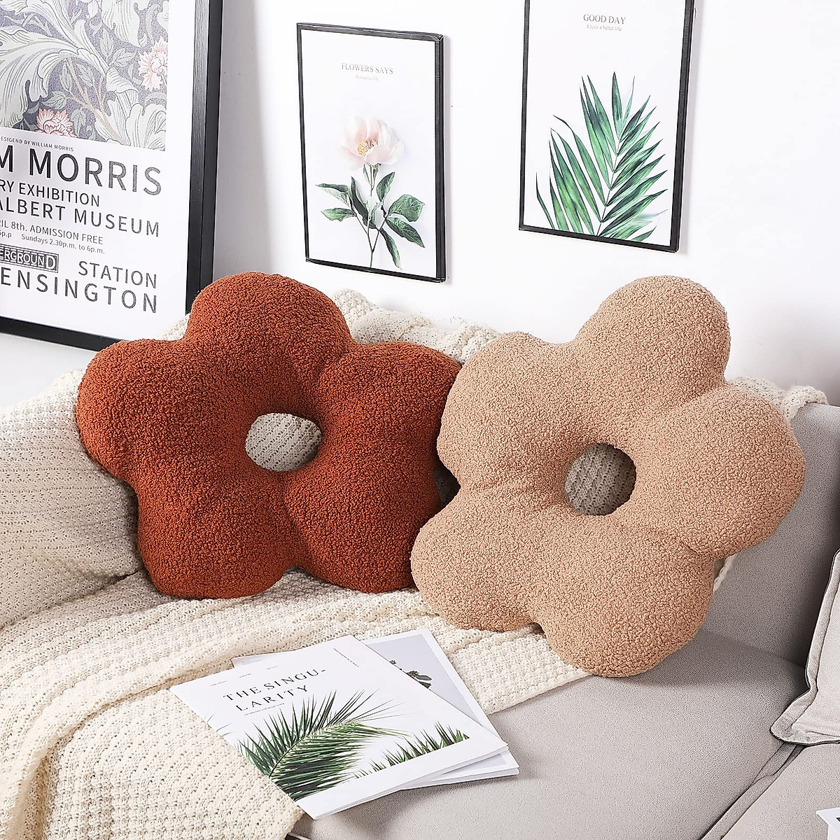 2 Pcs Flower Shaped Throw Pillow 17.7 Inch Flower Pillows Nordic Style Decorative Throw Pillows Cute Flower Floor Cushion with Soft Plush for Couch, Bed, Living Room, Office Decor (Khaki, Brown)