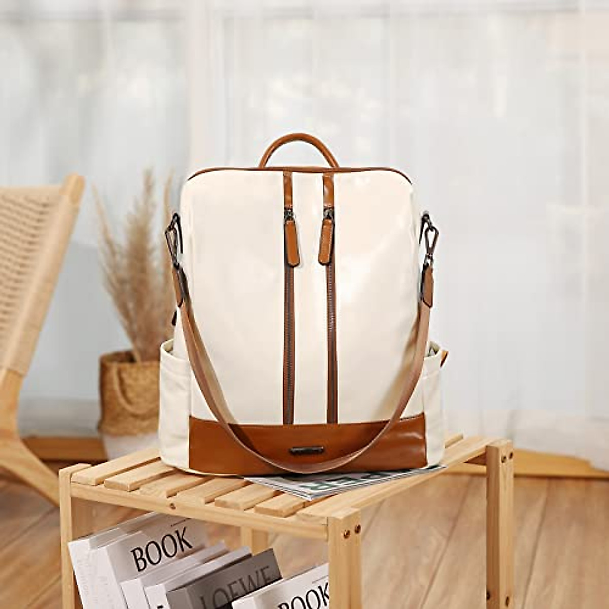 CLUCI Leather Backpack Purse for Women Covertible Travel Large Fashion Casual Lady Detachable Shoulder Bag Beige with Brown