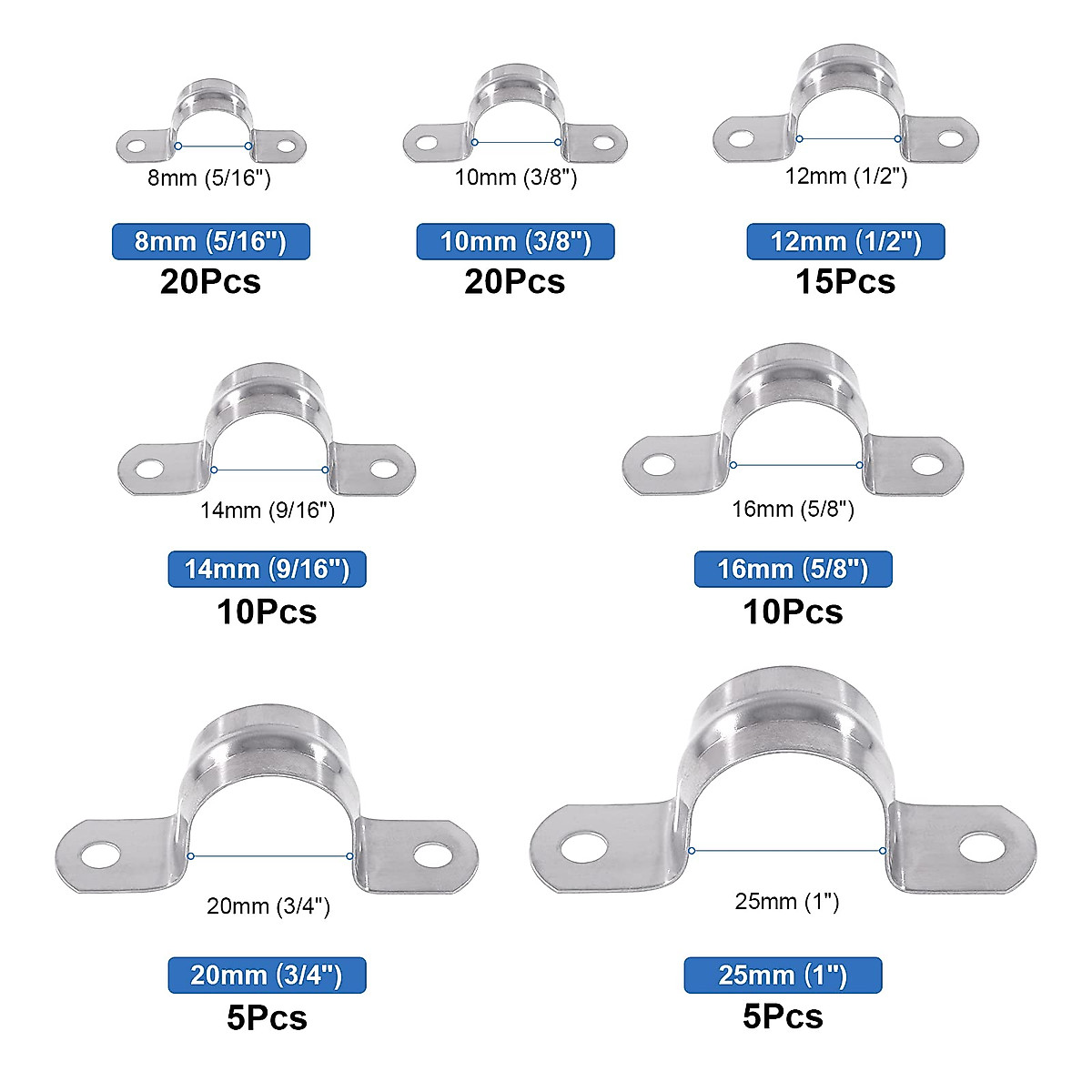 Glarks 85Pcs Pipe Strap Clamp Set M8 M10 M12 M14 M16 M20 M25 304 Stainless Steel Two Hole Strap Heavy Duty Rigid Pipe Strap U Bracket Tube Strap Assortment Kit For Pipe Tube Fixing