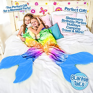 Blankie Tails - Rainbow Unicorn Mermaid Blanket - Double Sided Fleece Mermaid Tail Blanket - Mermaid Tails for Girls - Throw for Gifts, Sleepovers, & Daily Use for Kids, Adults & Teens