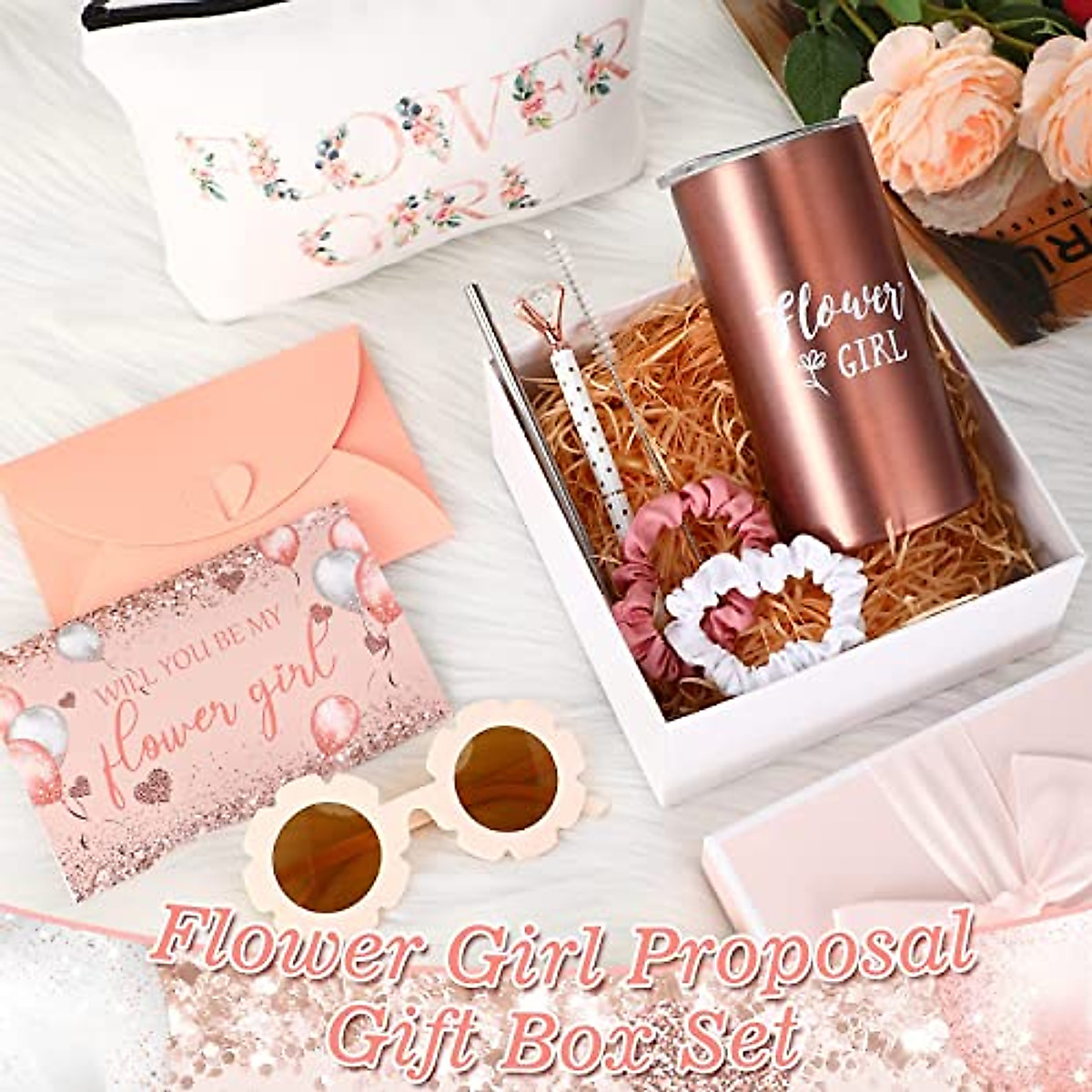9 Pcs Flower Girl Gifts Set Personalized Flower Girl Tumbler with Straw Be My Flower Girl Card Bride Gift Box Canvas Bag Sunglasses Hair Ring Diamond Pen Envelope Bride Gifts for Wedding Party