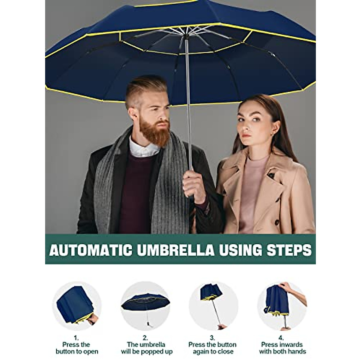 Kalolary Extra Large Golf Umbrella Automatic Open Folding Umbrella Windproof Compact Large Double Canopy Umbrella Travel Folding Umbrella Strong Oversized Rain Umbrellas for Home Family Use (Blue)