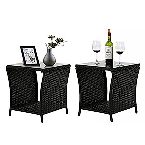 Kinfant Wicker Rattan Coffee Table - Square Tempered Glass Top Furniture with Storage for Outdoor Backyard Lawn Balcony Pool Patio (Black)