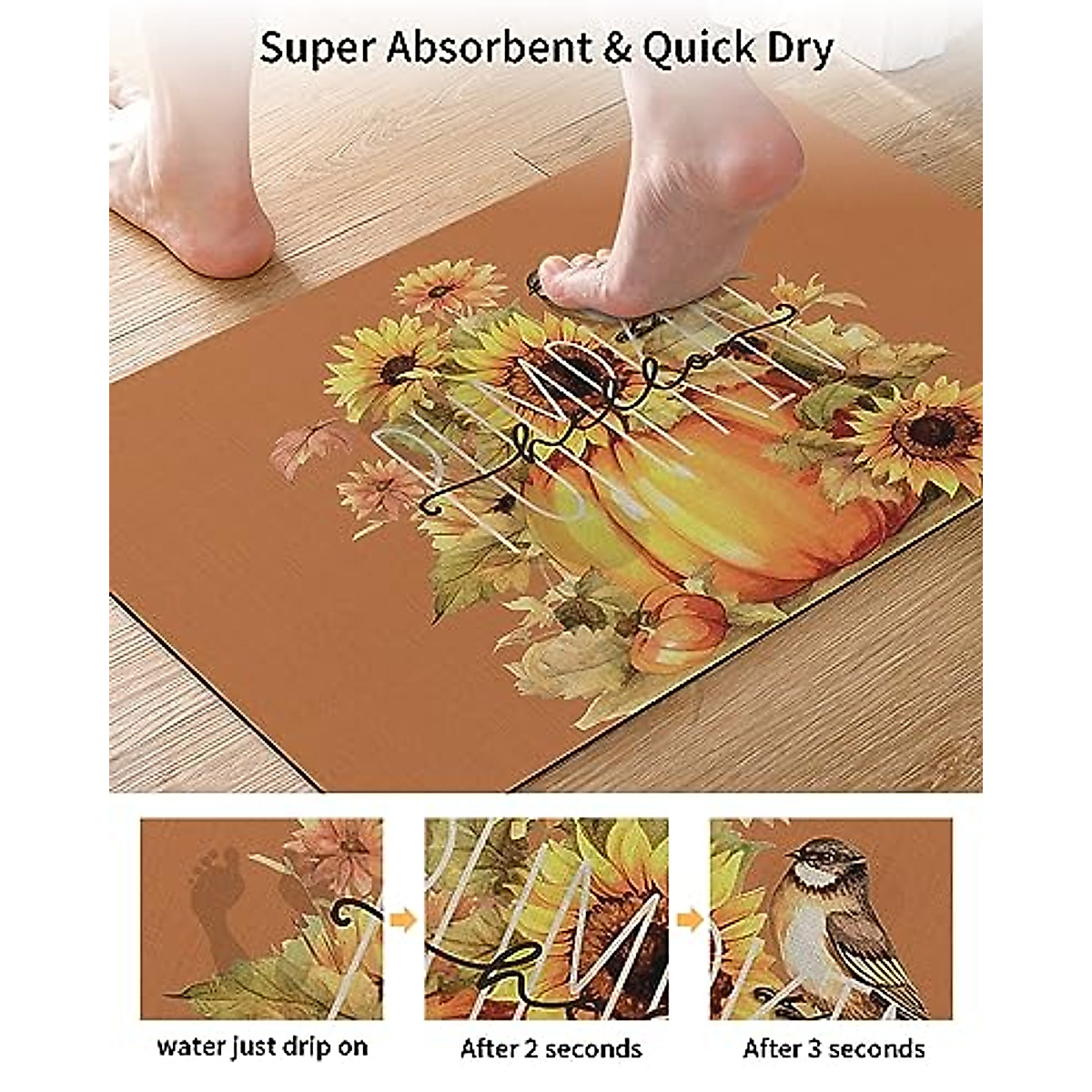 Bathroom Floor Shower Mat, Non-Slip Small Rugs - Easy to Clean, Fall Thanksgiving Pumpkin Sunflower Bird Brown Background Durable Bath Rug 16"x24" Washable Quick Dry Mats for Bathtubs