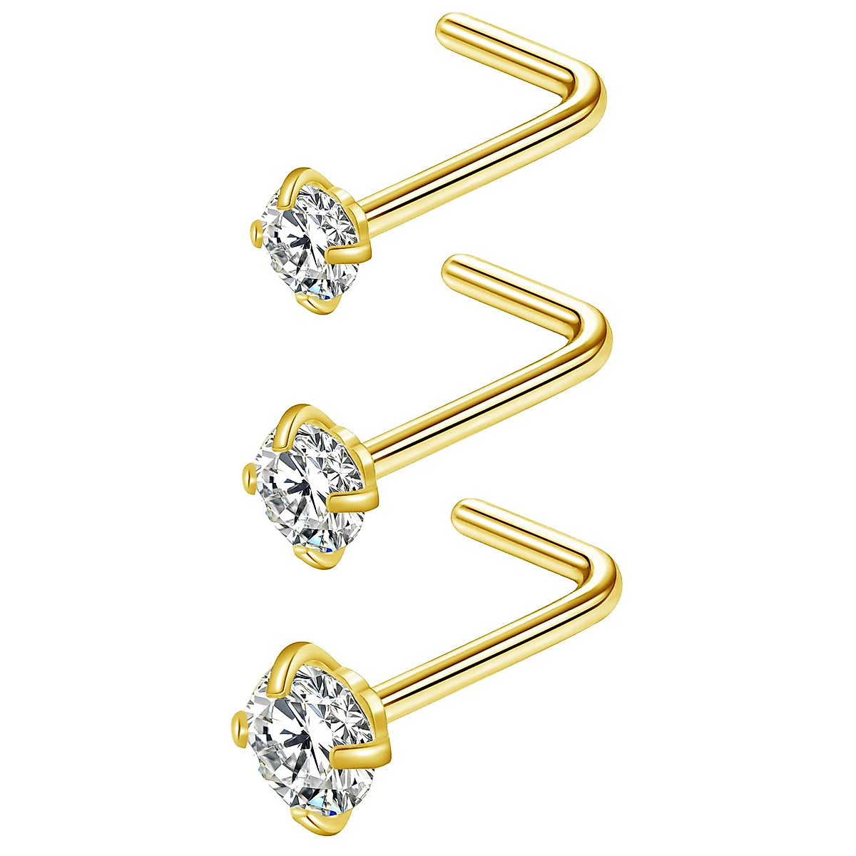 Zifoan 3 Pcs Stainless Steel Nose Rings Studs 20 Gauge L Shaped Curved Nose Piercing Jewelry 2mm 2.5mm 3mm Diamond CZ Nose Stud L Bend for Women Girl Piercing - Gold