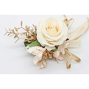 YOKOKE Corsage and Boutonniere Set, Handmade Artificial Peony Rose Wrist Corsage Wristlet and Groom Boutonniere for Men Wedding Prom Suit Decorations (Champagne Cream Gold)