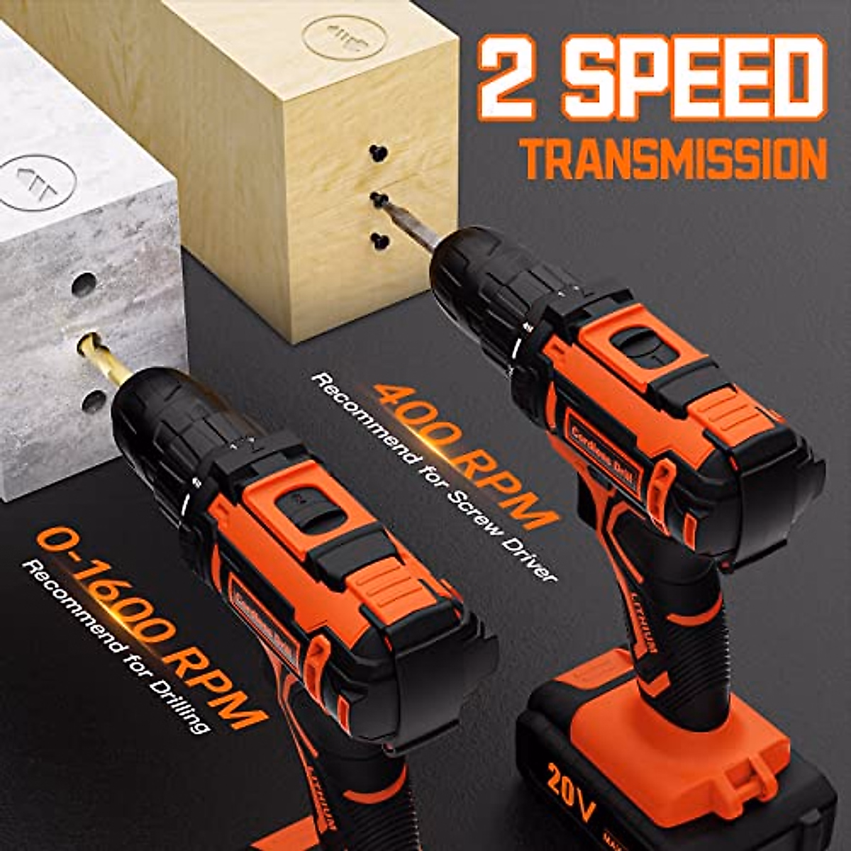 Drill Set, V VONTOX 20V Cordless Drill with 2 Batteries 2.0AH & Fast Charger, Home Power Drill 3/8" Keyless Chuck, 370 In-lb Torque, 2 Speed, 25+1 Position, 24pcs Drill for DIY