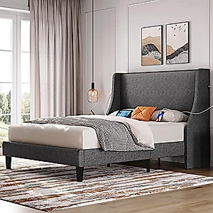 Yaheetech Queen Size Upholstered Bed Frame with 2 USB Charging Stations/Port for Type A & Type C/Linen Fabric Curved Headboard, Mattress Foundation, Strong Wooden Slats Support, Dark Grey
