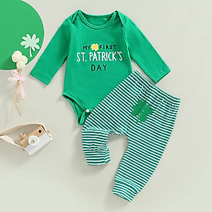 FIOMVA St. Patricks Day Outfit Set, Green 2Pcs Romper Bodysuit+Striped Pants, Infant Boys/Girls Clothing, 6-12 Months