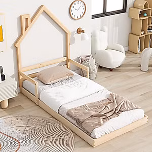 Dolonm Twin Size Floor Bed with House-Shaped Headboard and Handrails, Wooden Bed Frame with Slats, Gift for Bedroom Decor, Twin Size (Natural Wood)