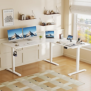Shahoo L-Shaped Corner Standing Desk, Electric Height Adjustable Table, Home Office Workstation, 63 x 55 Inch, White
