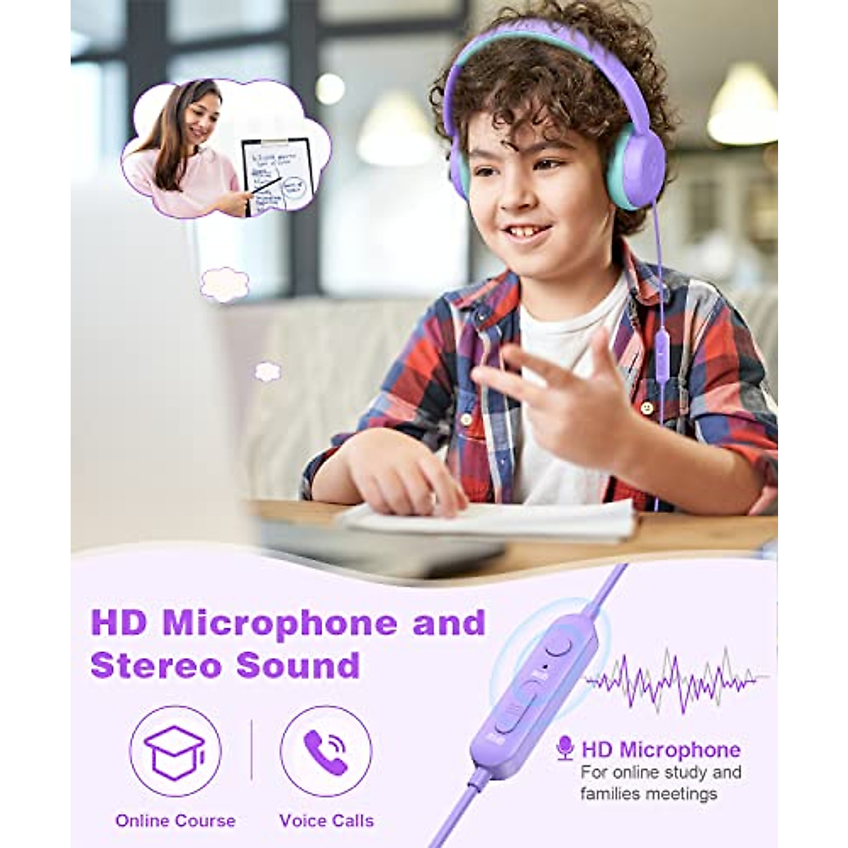 Link Dream Kids Headphones for School Girls Boys with Microphone, Volume Limiter 85/94dB Stereo 3.5.mm Jack On-Ear Folding Headphones for Kids Travel Tablet Computer (Purple)