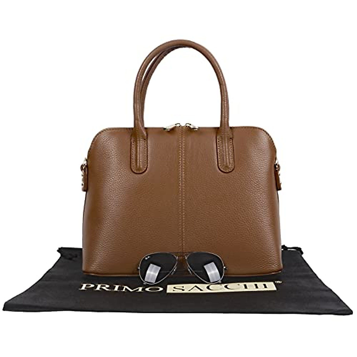 PRIMO SACCHI Italian Textured Dark Tan Leather Bowling Style Tote Grab Shoulder Bag Handbag Purse