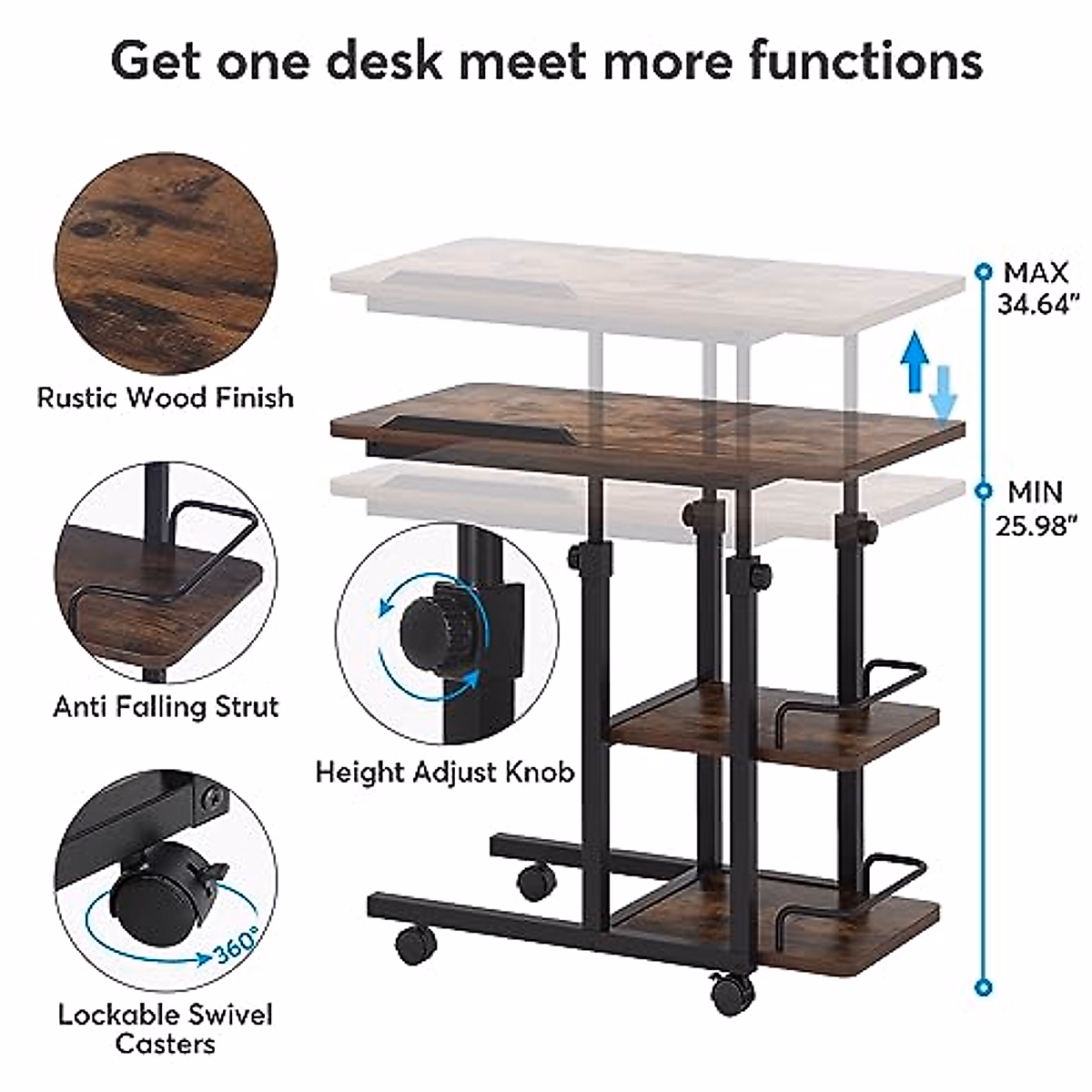 Tribesigns Height Adjustable C Table with Storage, Mobile Couch Snack Side Table with Tiltable Drawing Board, Sofa Bedside Table Laptop Rolling Cart for Bedroom, Living Room (Rustic Brown)