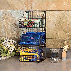 3 Tier Stackable Tea Bag Organizer with 5 Hooks Metal Wire Basket Coffee Condiment Snack Rack Holder Countertop Caddy Bin Wall Mount Shelf for Office Kitchen Cabinet Pantry Patent Desgin