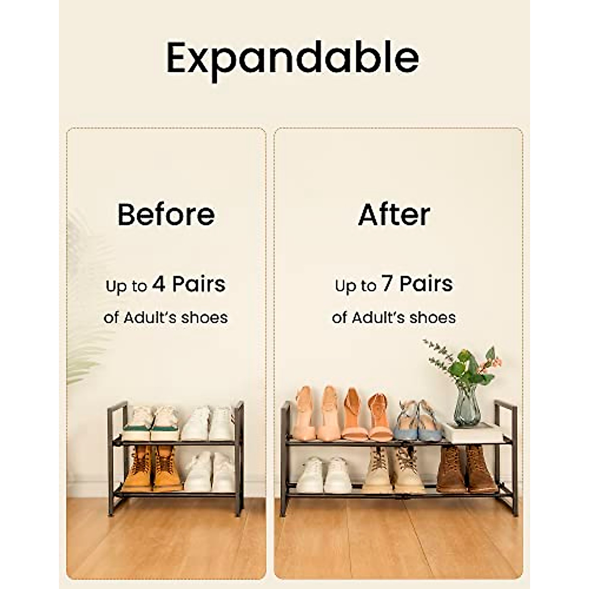 Hzuaneri 2-Tier Expandable Shoe Rack, Adjustable Shoe Storage Organizer, Heavy Duty Metal Shoe Stand, Free Standing Shoe Shelf for Entryway Closet Doorway, Portable and Space Saver, Black