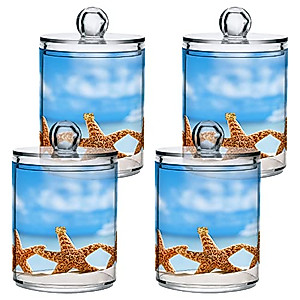 ALAZA Starfish Ocean Blue Sky 2 Pack Qtip Holder Dispenser with Lid 14 Oz Clear Plastic Apothecary Jar Containers Jars Bathroom for Cotton Swab, Ball, Pads, Floss, Vanity Makeup Organizer