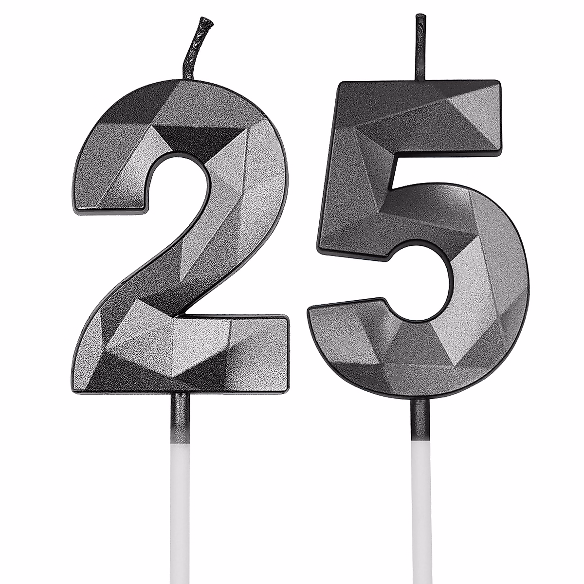 25th & 52nd Birthday Candles for Cake, Black Number 25 52 3D Diamond Shaped Candle Birthday Decorations Party Supplies for Women or Men