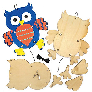 Baker Ross AX159 Owl Wooden Puppet Kits for Kids - Pack of 4, Childrens Woodcraft Painting Sets for Kids Arts and Crafts Projects