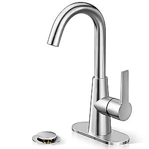Phiestina Single Hole Brushed Nickel Bathroom Sink Faucet/Bar Sink/Pre-Kitchen Sink Faucet with 4 Inch Deck Plate,Drain and Supply Hoses, WE10-BN
