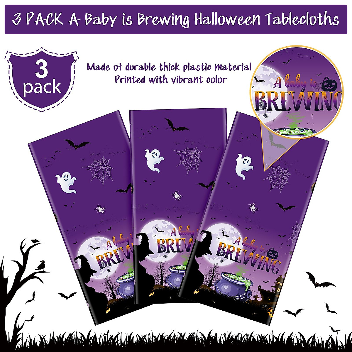 3 Pack Halloween Baby Shower Plastic Tablecloth, Halloween A Baby is Brewing Baby Shower Decorations, Disposable Gender Reveal Table Cover Party Supplies for Halloween Themed Baby Reveal Decorations