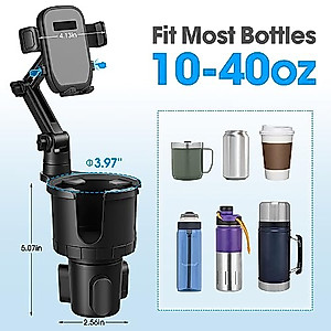 Cup Holder Phone Mount for Car with Expandable Base, 2-1 Phone Holder Car Cupholder Exptender Adapter for 10-40oz Drink Bottles, Mugs and Phone Holder for Car Fits All Smartphone