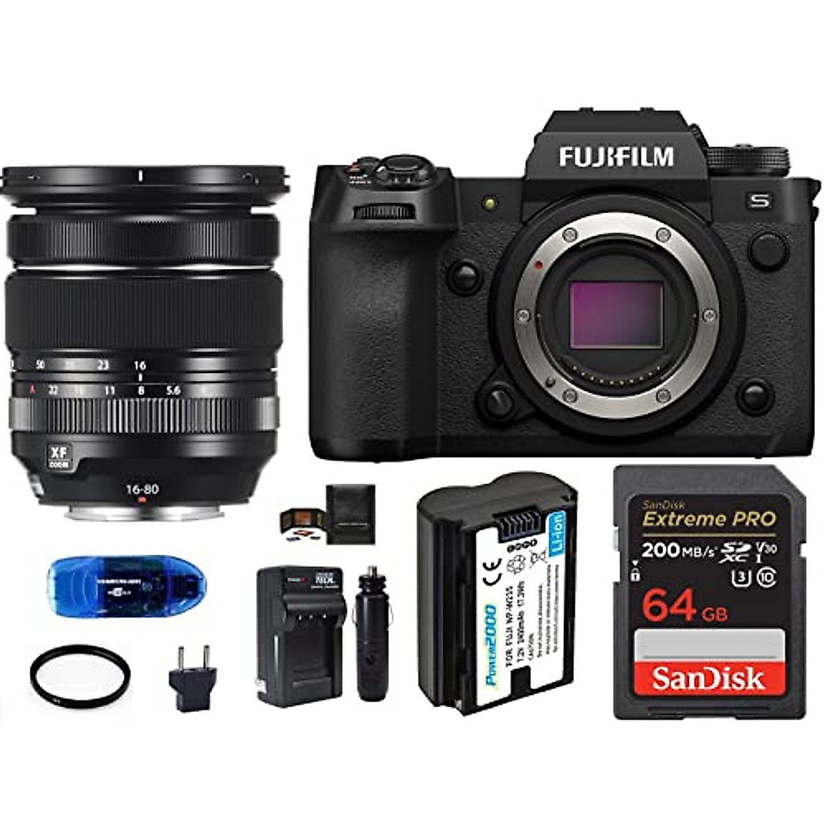 Fujifilm X-H2S Digital Camera with XF 16-80mm f/4 R OIS WR Lens Bundle, Includes: SanDisk 64GB Extreme PRO SDXC Memory Card, Spare Battery and More (8 Items)