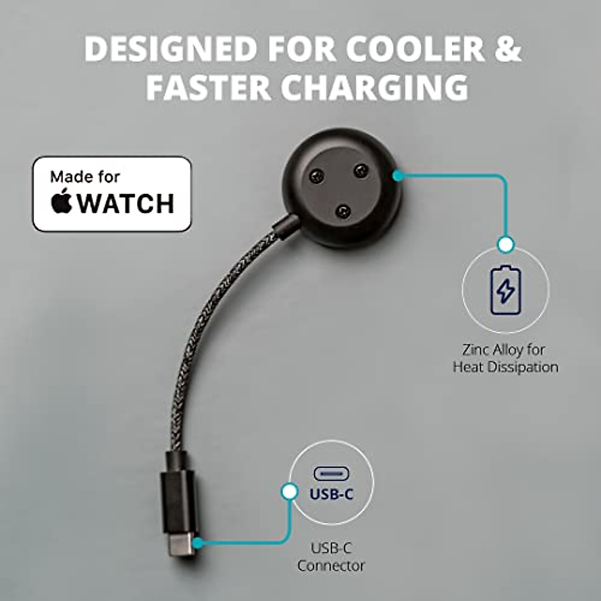 Ampere USB-C Watch Charger - USB C Travel Cable Compatible with Apple Watch Series Ultra/9/8/7/6/5/4/3/2/1/SE (Black)