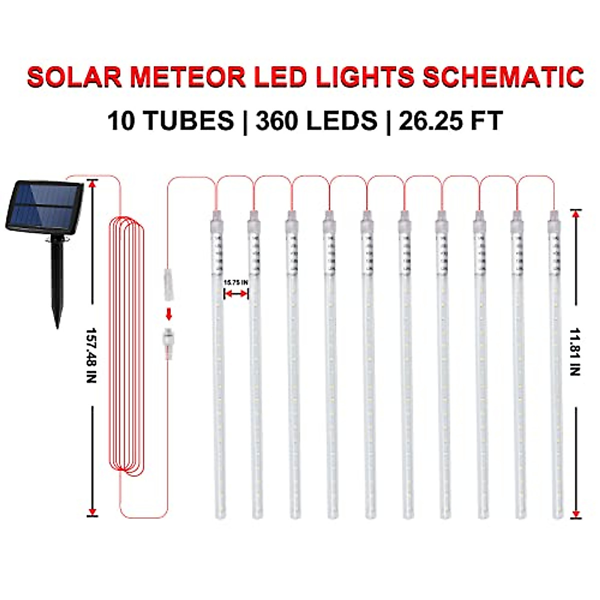 Solar Meteor Shower Christmas Lights Outdoor 10 Tube 360 LED, Falling Rain Lights, Waterproof String Lights for Xmas Tree Garden Yard Porch Wedding Party Décor White