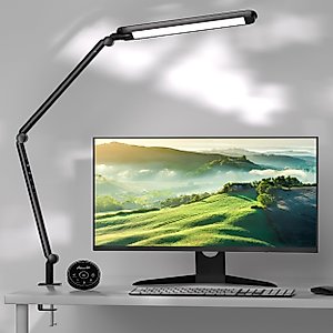 LED Desk Lamp with Clamp, 12W Eye-Caring Swing Arm Table Lamp, Stepless Dimming and Adjustable Color Temperature,Modern Architect Lamp with Memory and Timing Function for Study, Work, Home, Office