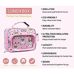 MIER Lunch Bags for Kids Boys Girls Toddlers Cute Insulated Lunch Box Tote School Lunchbox Kit with External Water Bottle Holder/Clear Zipper Pocket (Light Pink-Rabbit)